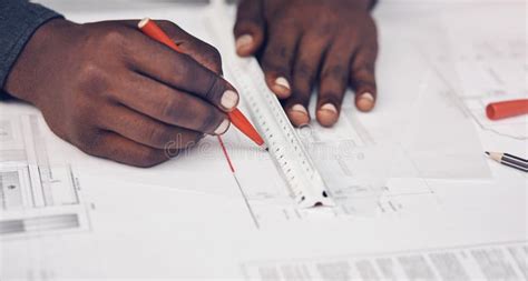 Man Hands And Architect To Measure Blueprint In Office Ruler And Planning Design For