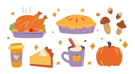 휴일 전통적인 기호 흰색 배경에 고립 된 다채로운 추수 감사절 디자인 요소 프리미엄 벡터