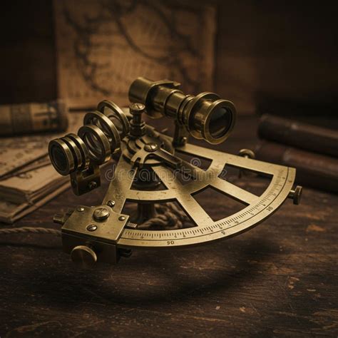 Antique Sextant Made Of Brass With A Telescopic Sight Sits On A Wooden