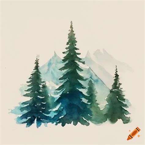 Watercolor Painting Of Evergreen Trees In Mountains On Craiyon