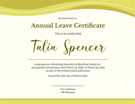 Free Annual Leave Certificate Template To Edit Online
