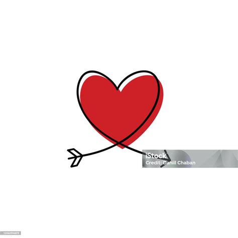 평평한 스타일의 하트 형태로 선의 연속 그리기큐피드의 화살표 연속 검은 색 선 평평한 디자인으로 작업하십시오 사랑과 부드러움의 상징 Sketch Comedy에 대한 스톡