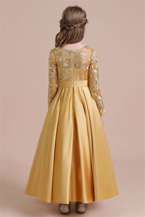 Daisda Long Sleeves Satin Ankle Length Flower Girl Dress