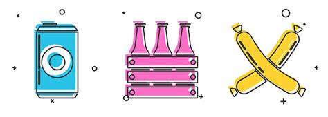맥주 캔 맥주 병 팩 및 교차 소시지 아이콘을 설정합니다 벡터 0명에 대한 스톡 벡터 아트 및 기타 이미지 0명 고기