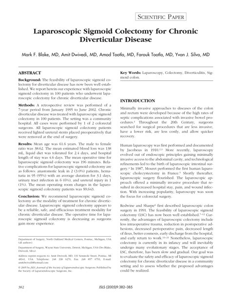 Pdf Laparoscopic Sigmoid Colectomy For Chronic Diverticular Disease