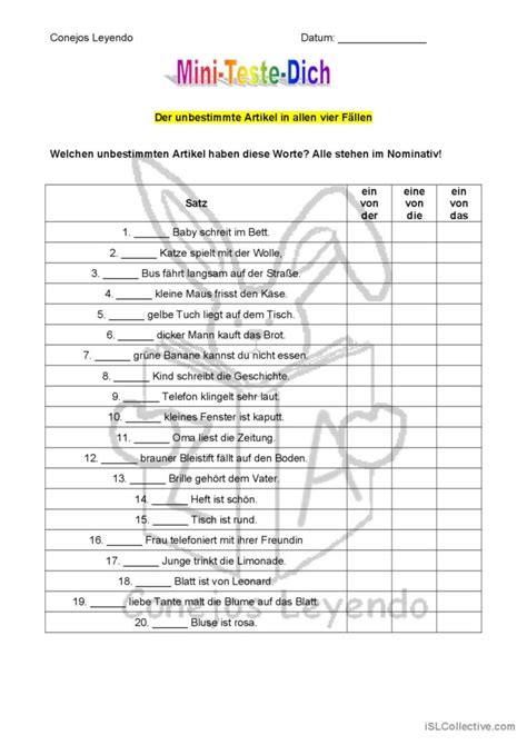 Mini Teste Dich Unbestimmte Artikel Deutsch Daf Arbeitsblätter Pdf And Doc