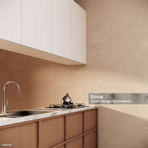 재팬디 스타일의 주방 인테리어 디자인 현대적인 스칸디나비아 아파트와 목재 가구 세로 배경 3d 렌더링 부엌에 대한 스톡 사진 및
