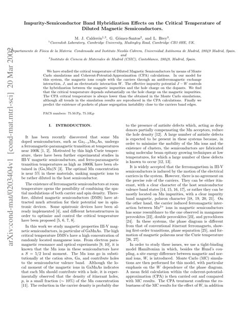 Pdf Impurity Semiconductor Band Hybridization Effects On The Critical