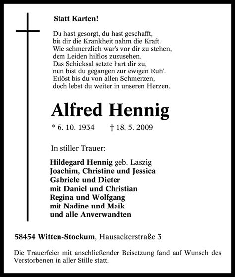 Traueranzeigen Von Alfred Hennig Trauer In Nrwde