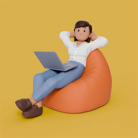 Premium Photo 3d Woman Sitting On Beanbag With His Laptop On Her