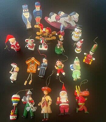 Vintage Wooden Christmas Ornaments Lot Santa Drummers Rocking Horses