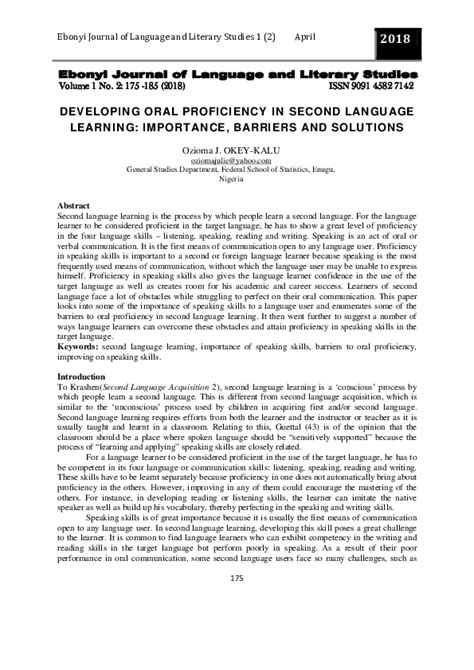 Pdf Developing Oral Proficiency In Second Language Learning Importance Barriers And Solutions