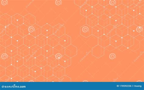 Abstract Hexagonal Molecular Structures On Orange Background With Copy