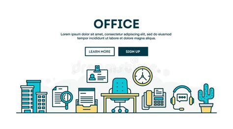 Office Colorful Concept Header Flat Design Thin Line Style Stock Vector Illustration Of