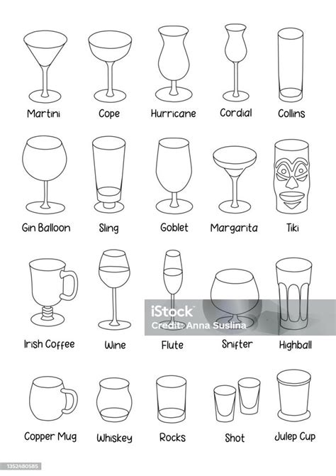 손으로 그린 낙서 만화 스타일 벡터 아이콘 일러스트의 컬렉션 세트 다양한 알코올 칵테일 안경 높은 공 마티니 마가리타 구식 샷 카드 A4 포스터 또는 바 메뉴 레시피
