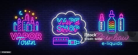 Vape가 게 네온 사인 컬렉션 벡터입니다 Vaping 스토어 로고 엠 블 럼 네온 그것 Vape 상점 개념 증기 타운 레인 보우 E액체 싸우는 흡연을 설정합니다 광고에 대