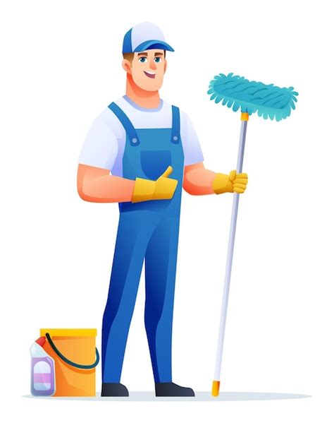 Premium Vector Cheerful Cleaning Man With Mop And Bucket Male