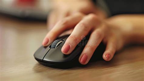 Woman S Hand On Computer Mouse Close Up Black Wireless Mouse Click Stock Illustration
