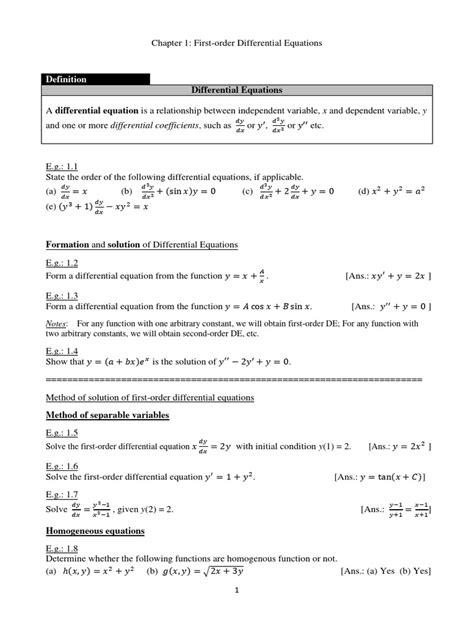 Handout Chapter 1 First Order Ode Pdf Differential Equations