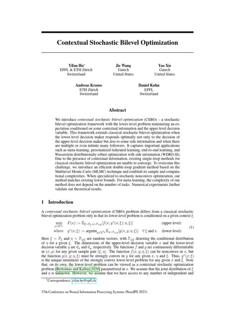 Neurips 2023 Contextual Stochastic Bilevel Optimization Paper Conference Pdf Mathematical