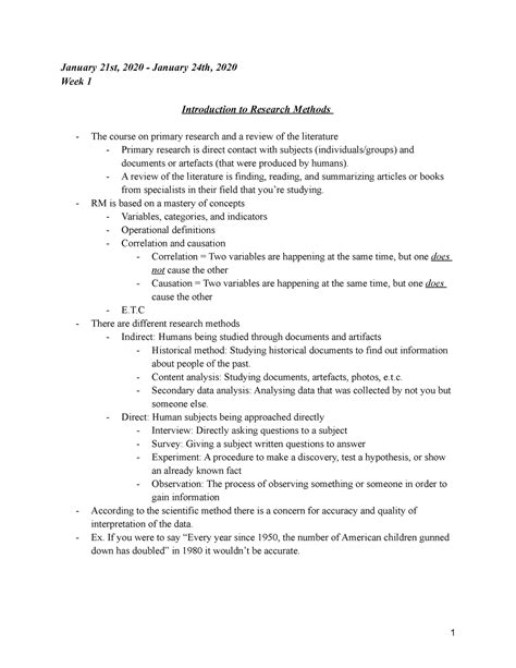 Research Methods Week 1 January 21st 2020 January 24th 2020 Week 1 Introduction To