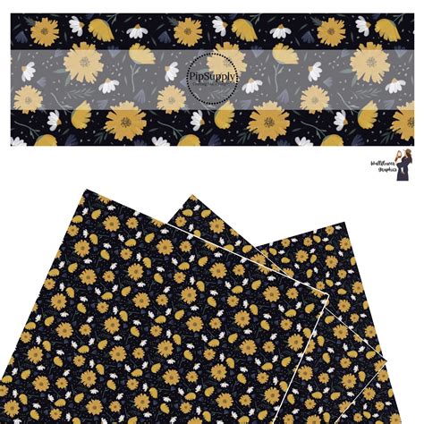 Multi Flowers On Navy Faux Leather Sheets Yellow Navy Wildflowers