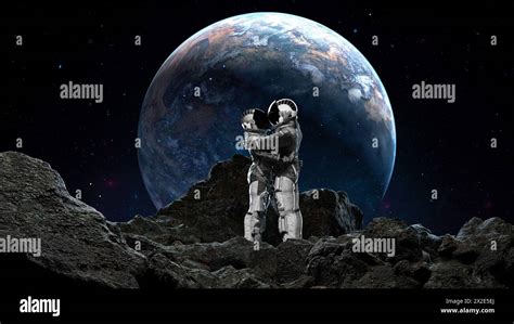 Two Astronauts Hugging On A Rocky Terrain Against A Backdrop Of Earth Rising In The Space Sky