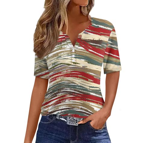 Wangxldd Blouses For Women Dressy Vacation Trendy Henley V Neck Button