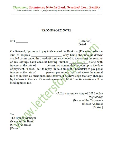 Sample Promissory Note For Bank Overdraft Loan Facility