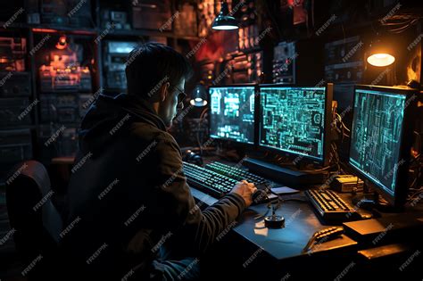 Premium Ai Image Hacker Sitting At The Computer Cyber Security And Antispyware Concept Ai