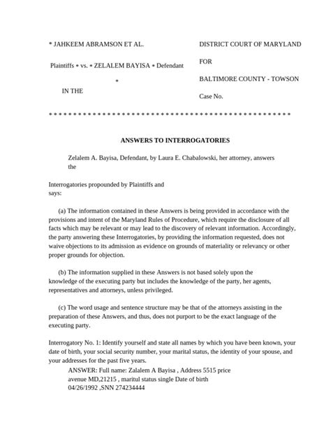 Defendants Interrogatory Responses In Case Pdf Discovery Law