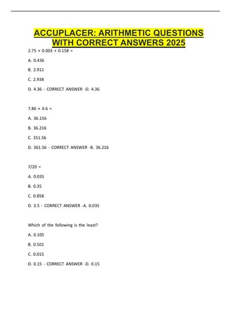 Accuplacer Arithmetic Questions With Correct Answers 2025 Accuplacer