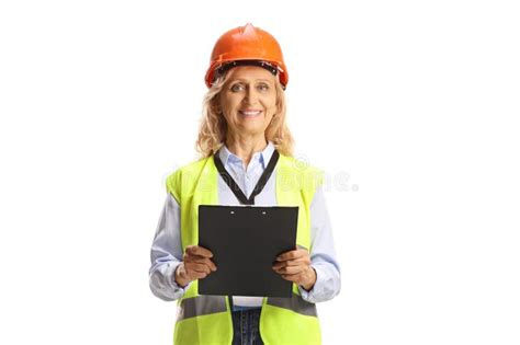 Female Site Engineer With A Safety Vest And Hardhat Stock Image Image