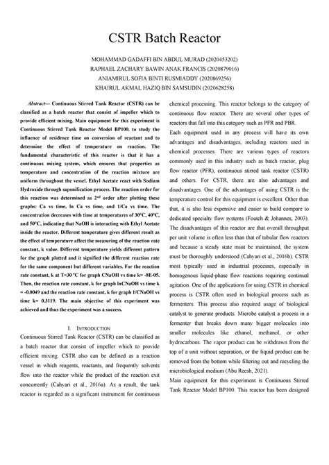 LAB CSTR Batch Reactor CSTR Batch Reactor MOHAMMAD GADAFFI BIN ABDUL MURAD