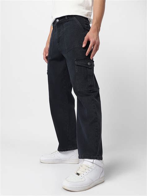 Shop Mens Dark Grey Loose Baggy Fit Cargo Jeans 6 Pockets Urbano Fashion