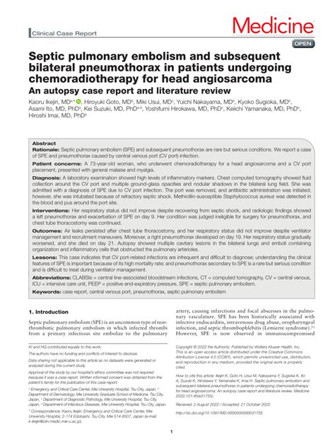 Pdf Septic Pulmonary Embolism And Subsequent Bilateral Pneumothorax In Patients Undergoing