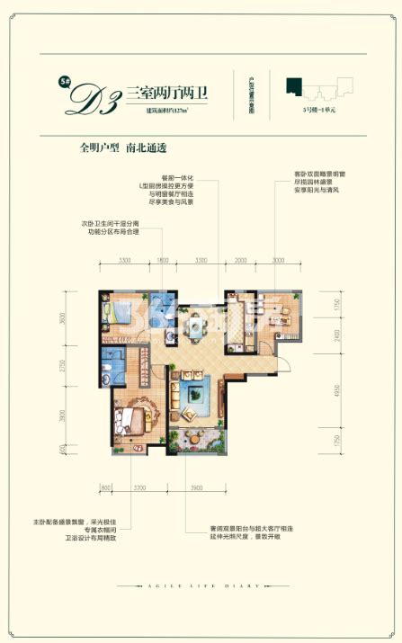 雅居乐湖居笔记2楼b1户型三室两厅两卫127㎡西安雅居乐湖居笔记西安365淘房