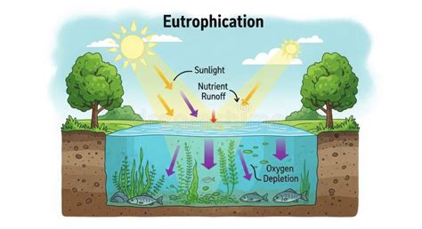 Diagram Illustrating Eutrophication Process In Water Bodies And