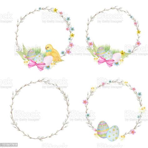 수채화 부활절 화환 세트 흰색 배경에 고립 손으로 그린 둥근 프레임 에 음부 버드 나무 가지 봄 꽃 색깔계란 카드 디자인 배너 초대장 장식 요소 부활제에 대한 스톡 벡터