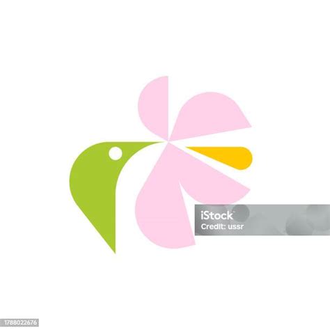 꽃과 벌새입니다 우아한 벡터 로고 마크 템플릿 또는 작은 녹색 Colibri 새와 분홍색 피는 식물의 아이콘 아이콘에 대한 스톡