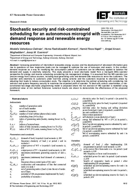 Pdf Stochastic Security And Risk‐constrained Scheduling For An Autonomous Microgrid With