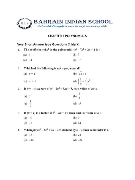 Chapter 2 Polynomials Question Bank Pdf