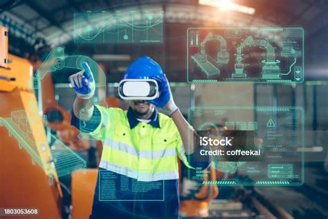 엔지니어 사용 Vr 가상 현실 기술 제어는 현대 공장에서 로봇 기계를 운영합니다 엔지니어링 산업의 새로운 혁신 가상현실에 대한 스톡 사진 및 기타 이미지 Istock