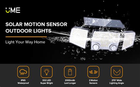 Ume Solar Outdoor Lights 332 Led 7000k Super Bright Motion Sensor