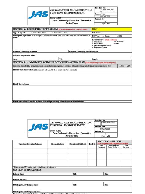 Corrective And Preventive Action Form Addressing Quality Health