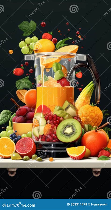 Mezclador Con Fruta Fresca En La Mesa Que Produce Zumo Y Batidos De