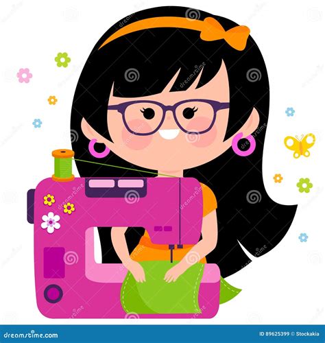 Seamstress Using Her Sewing Machine Vector Illustration Stock Vector