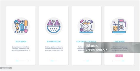 여름 달콤한 음식과 신선한 라인 음료 Ui Ux 온보딩 모바일 앱 페이지 화면 세트 과일에 대한 스톡 벡터 아트 및 기타 이미지