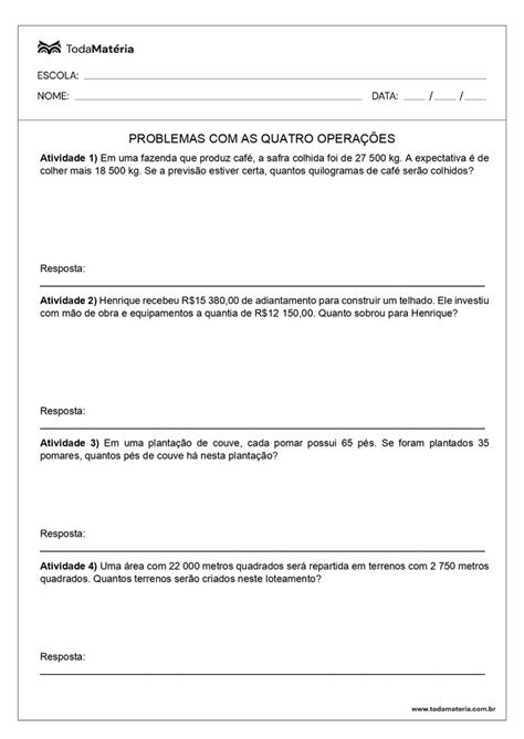 Folhas De Atividades Com Problemas Das Quatro Operações Toda Matéria