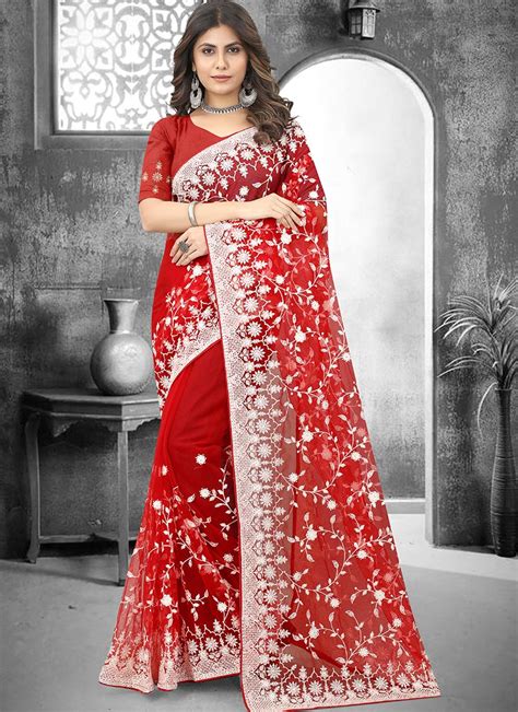 Buy Red Net Embroidered Saree Party Wear Online At Best Price Cbazaar